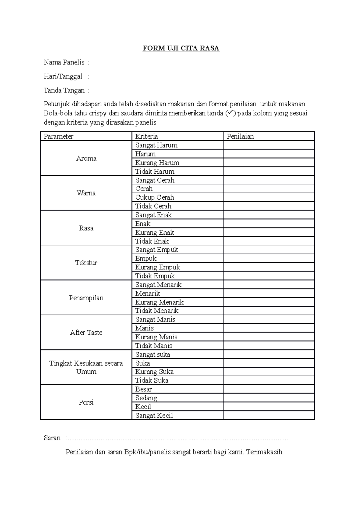 501936222 Form Uji Cita Rasa - FORM UJI CITA RASA Nama Panelis : Hari ...