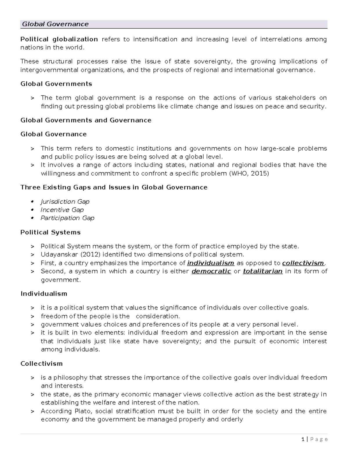 Global Governance - Global Governance Political globalization refers to ...