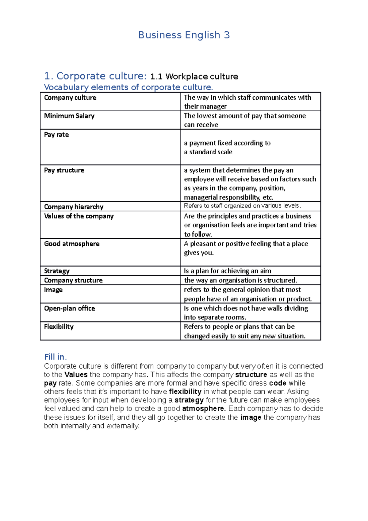 SV Business English - SV BE3 - 1. Corporate culture: 1 Workplace ...
