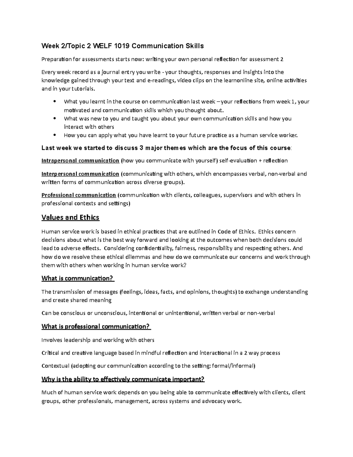 Topic 2 communication notes week 2 - Week 2/Topic 2 WELF 1019 ...