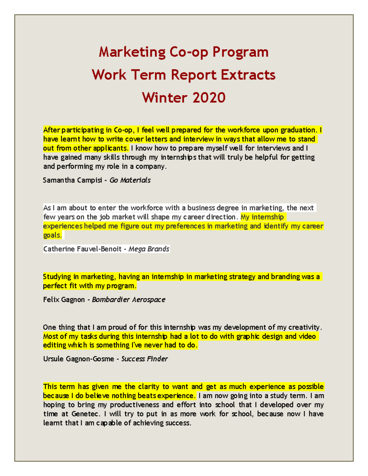 Coop student experience WOM - Marketing Co-op Program Work Term Report Extracts Winter 2020 ...