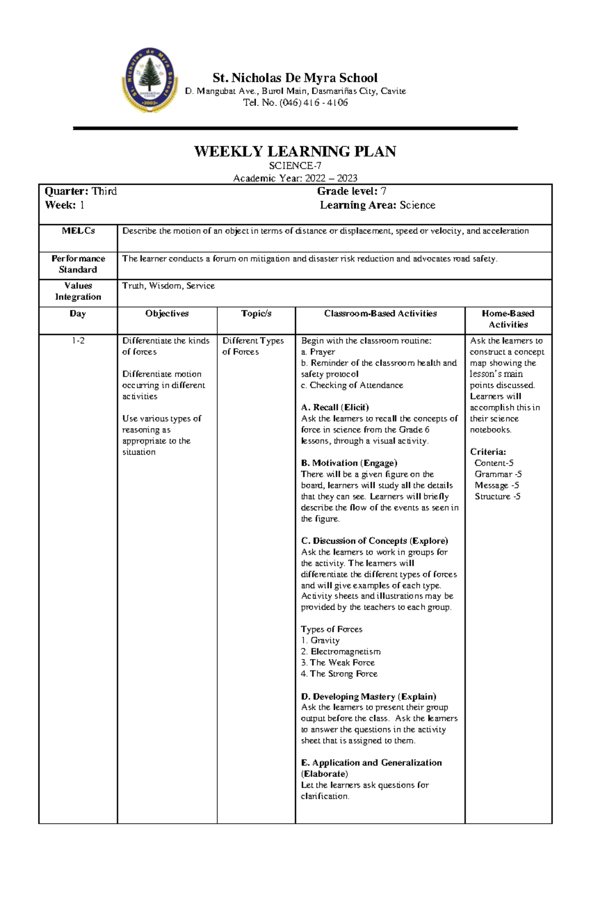 Grade 7 Learning Plan - St. Nicholas De Myra School D. Mangubat Ave., Burol Main, Dasmariñas ...
