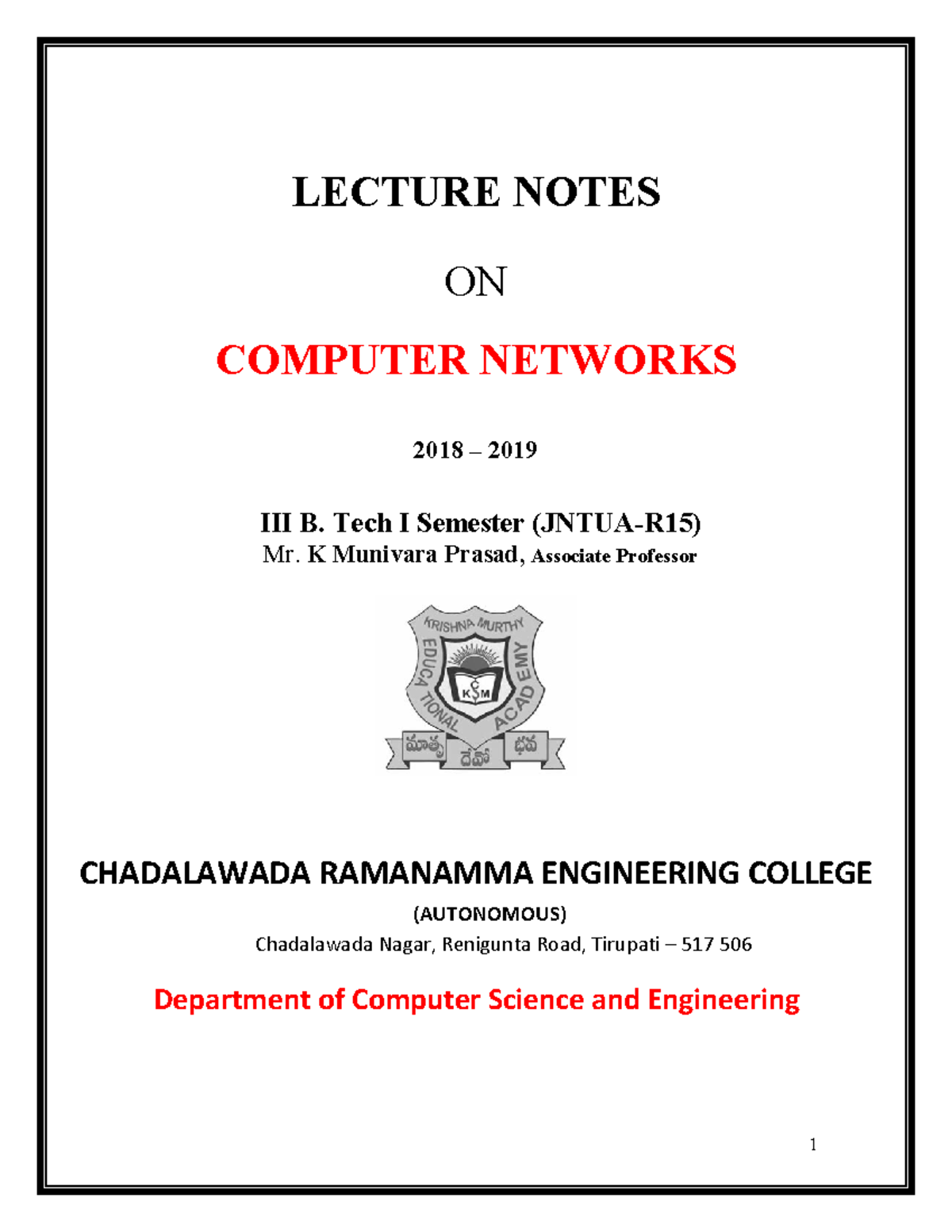 BCA 4TH Comp Networks 05 04 20 - 1 LECTURE NOTES ON COMPUTER NETWORKS ...