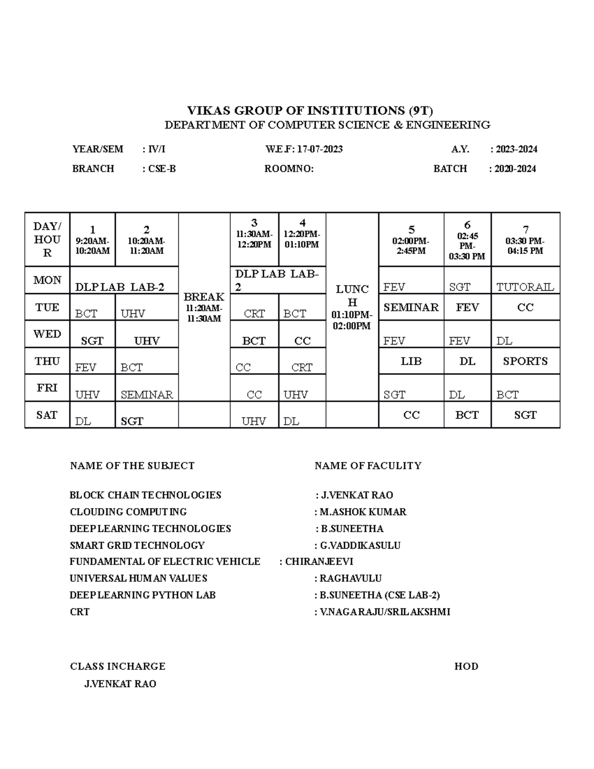 Class Timetable 2023-24 SEM-1 - VIKAS GROUP OF INSTITUTIONS (9T) DEPARTMENT OF COMPUTER SCIENCE ...