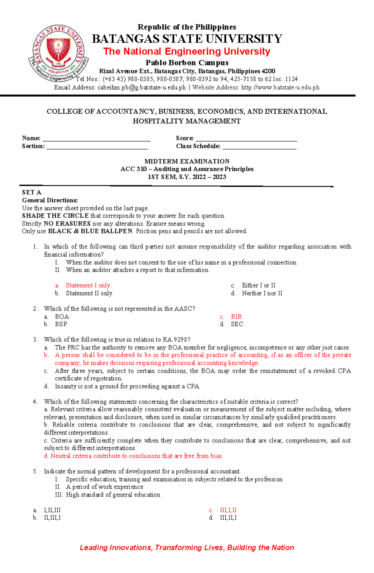 ACC-310-Midtem-SET-A-Answer-Key - BATANGAS STATE UNIVERSITY The National Engineering University ...