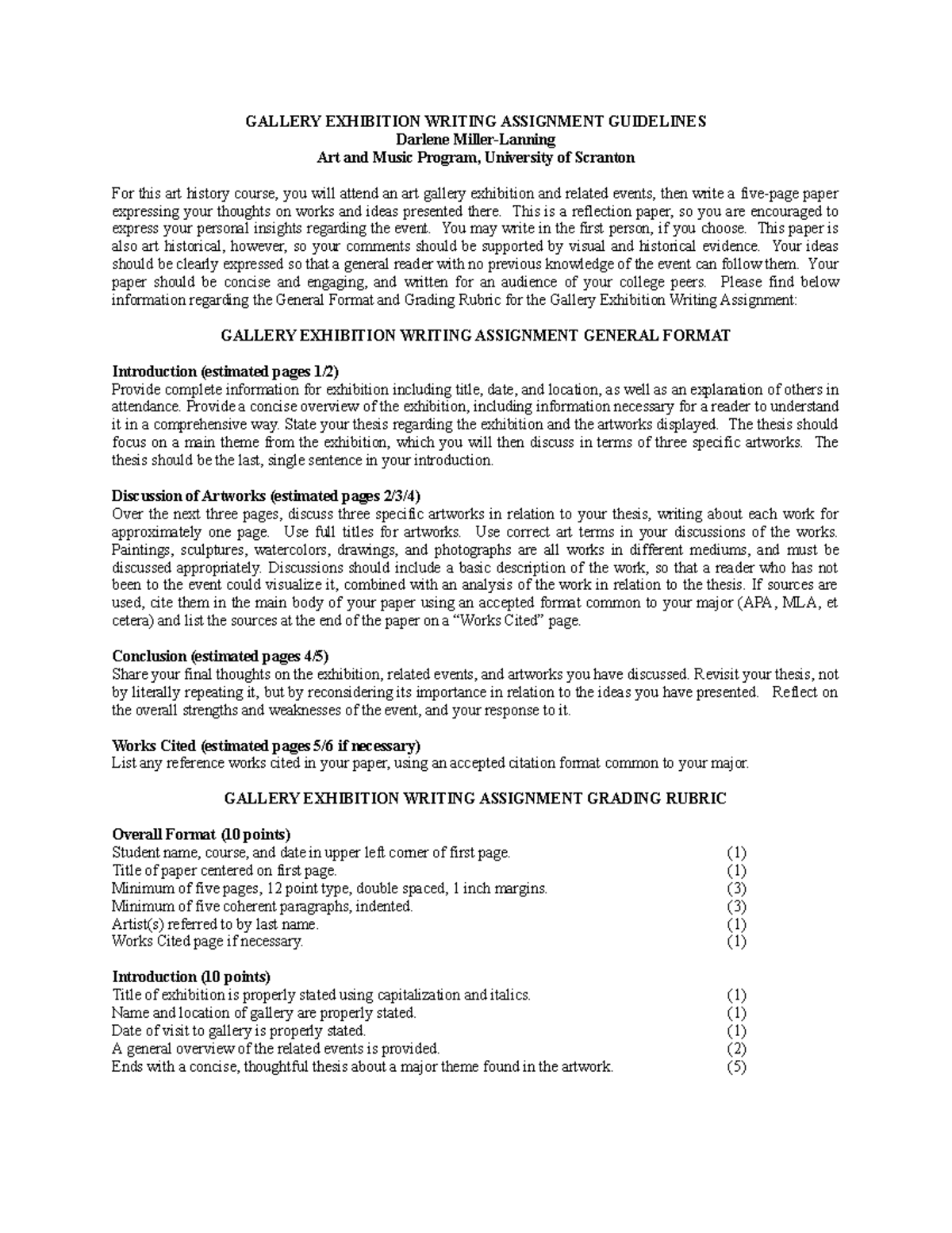 Gallery Exhibition Writing Assignment Guidelines - GALLERY EXHIBITION WRITING ASSIGNMENT ...
