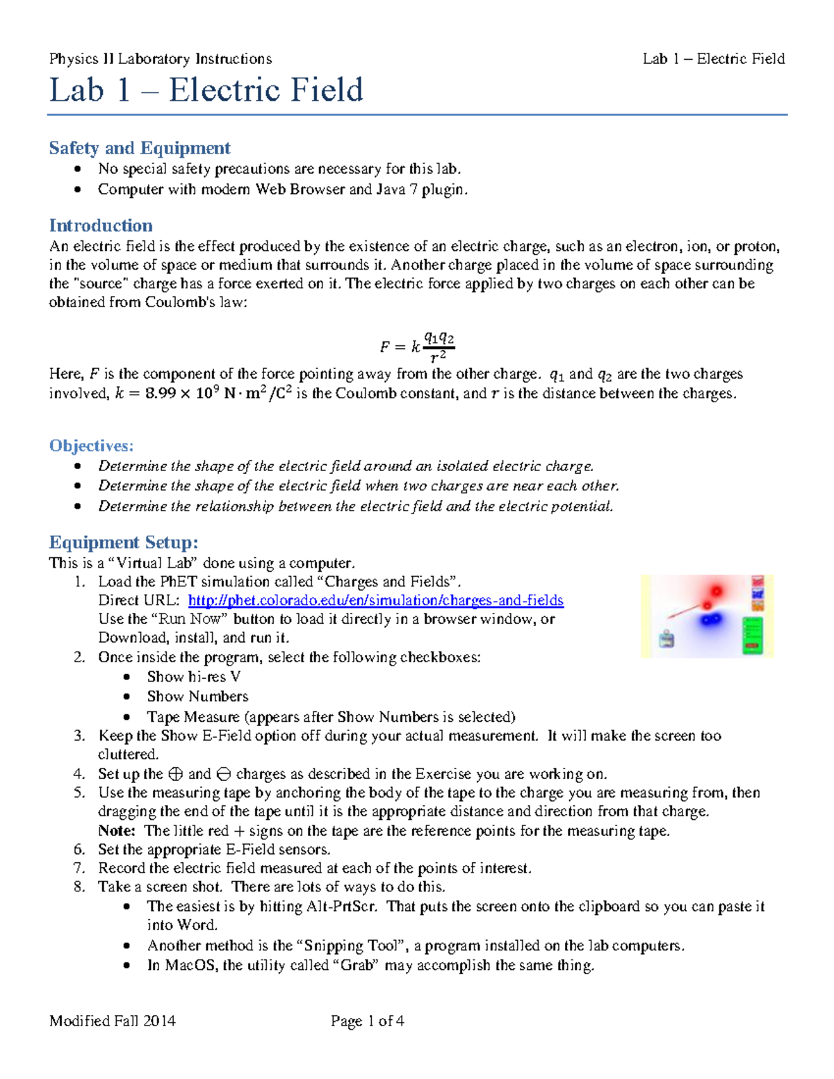 01 Instr - Electric Field Simulation - Lab 1 – Electric Field Safety ...