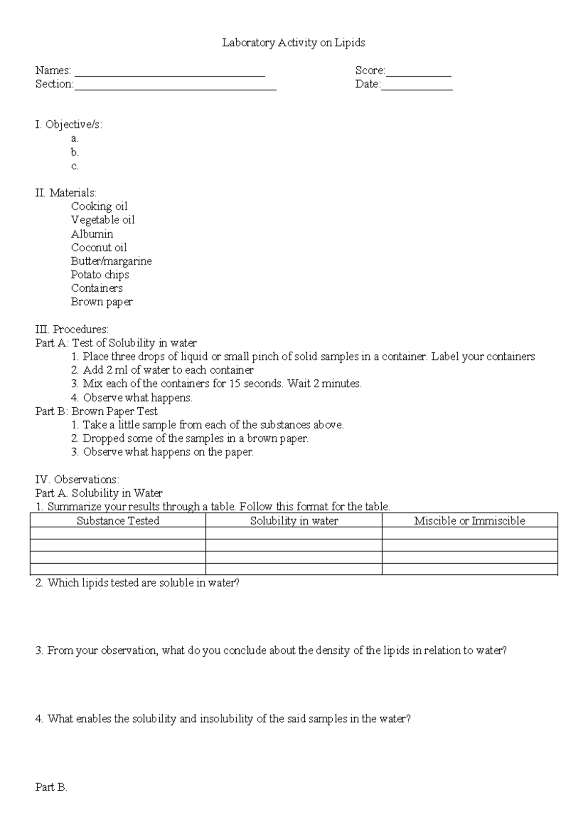 Laboratory Activityon Lipids - Laboratory Activity on Lipids Names