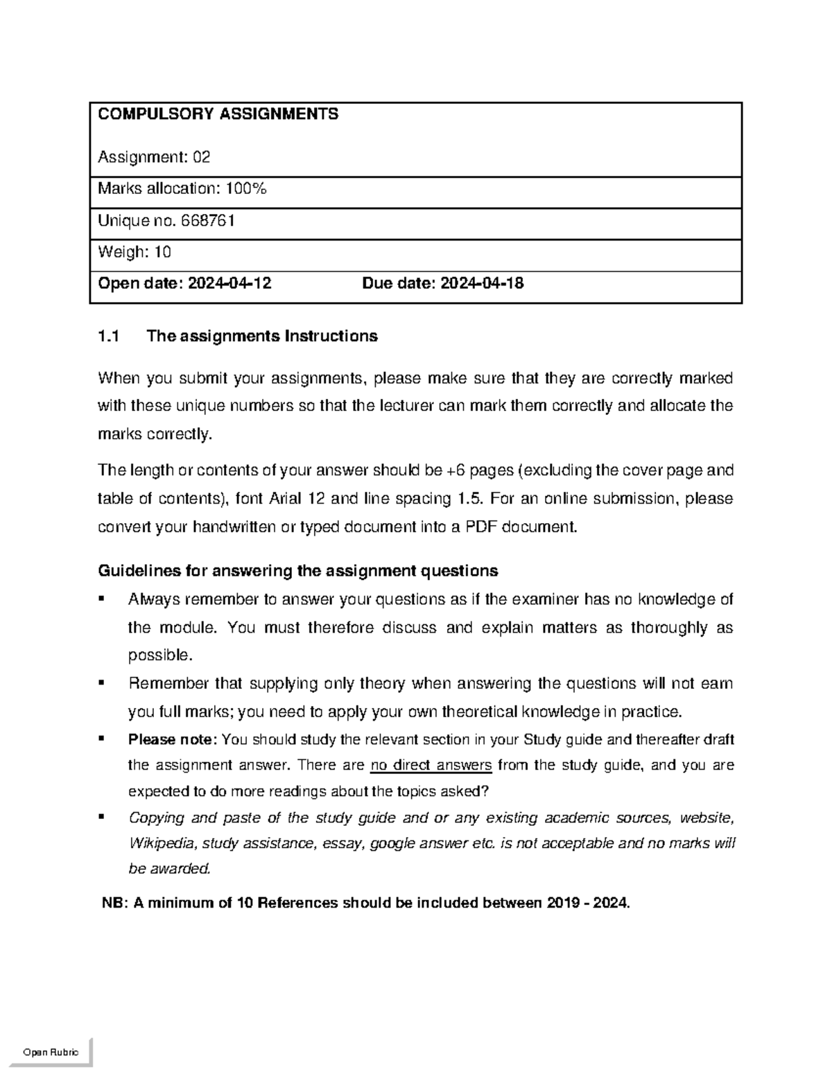 Assignment 2 - COMPULSORY ASSIGNMENTS Assignment: 02 Marks allocation: 100% Unique no. 668761 ...
