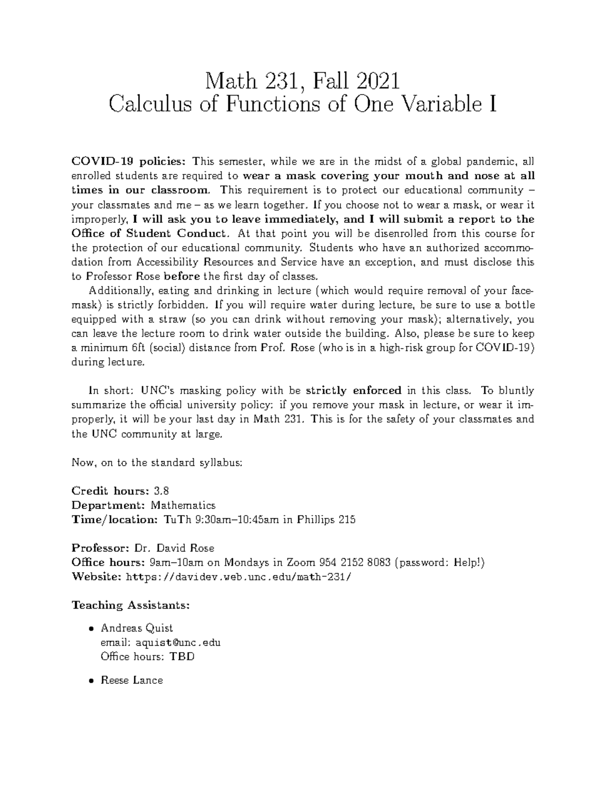 Math231 syllabus and info - Math 231, Fall 2021 Calculus of Functions ...