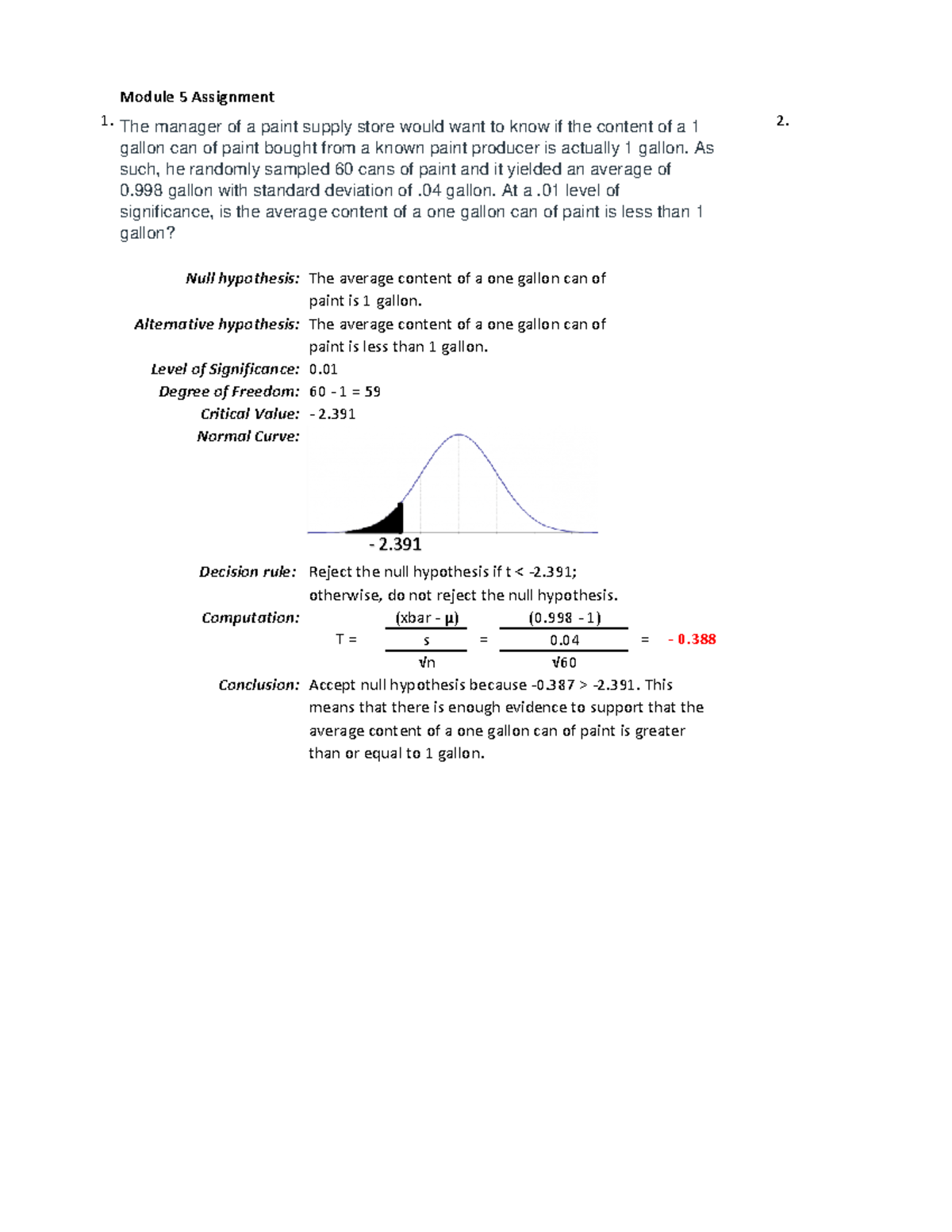 Statistics Answer for T-test - Module 5 Assignment 0. 60 - 1 = 59 - 2 ...