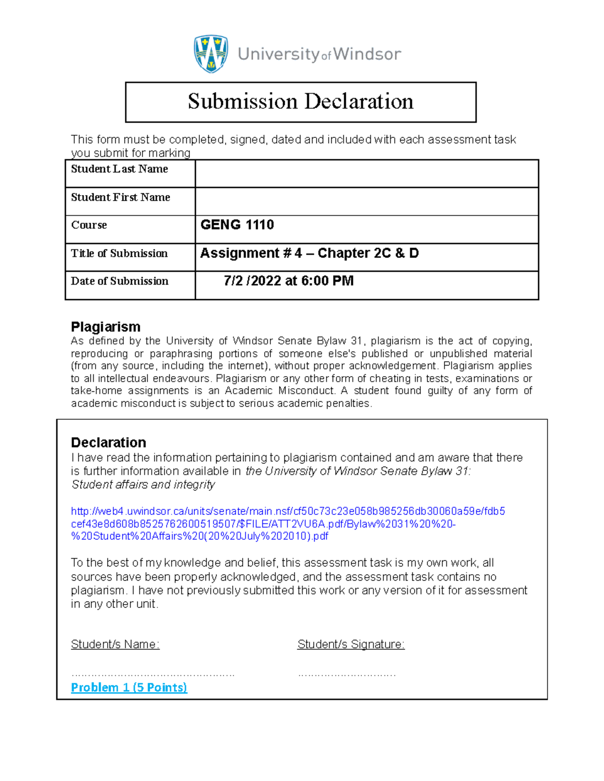 GENG W22 - Assignment # 4 Chapter 2C and D - This form must be ...