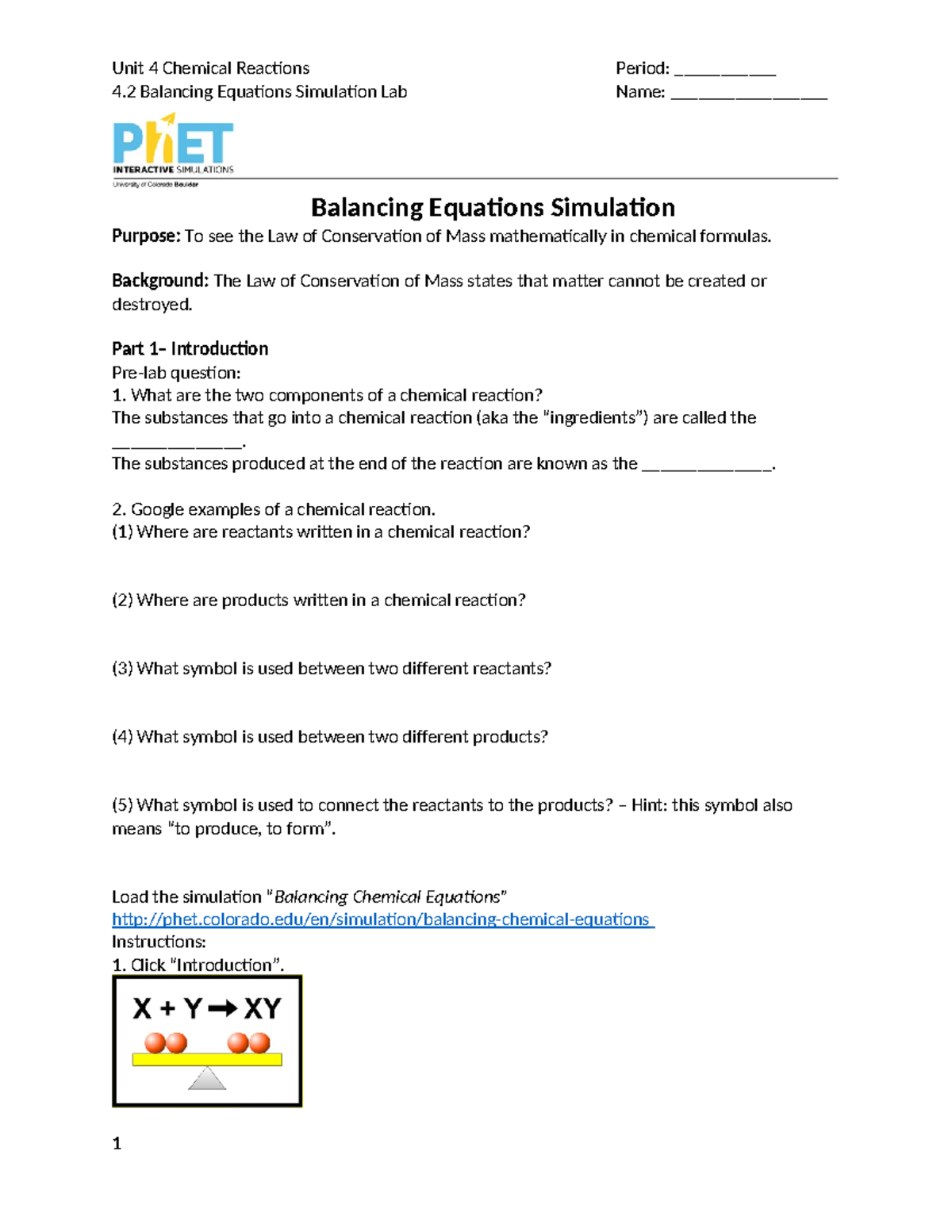 4.2 Balancing Equations Simulation Lab - Background: The Law of ...