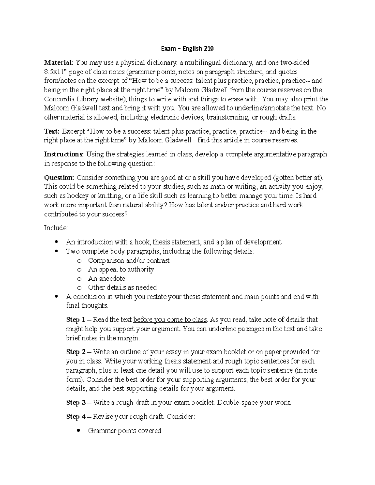 Exam Instructions - Exam – English 210 Material: You may use a physical ...