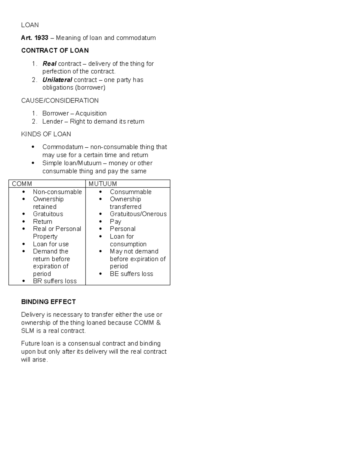 LOAN - LOAN UNFINISHED - LOAN Art. 1933 – Meaning of loan and ...