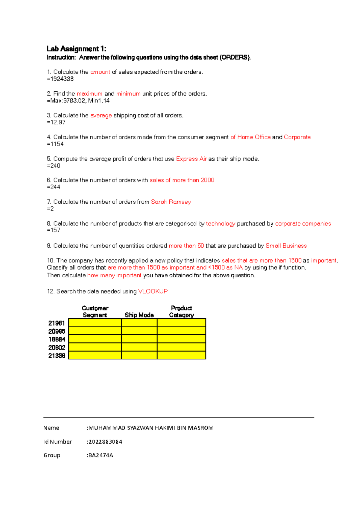 Answer Sheet Lab Assignment 1 - Lab Assignment 1: Instruction: Answer the following questions ...