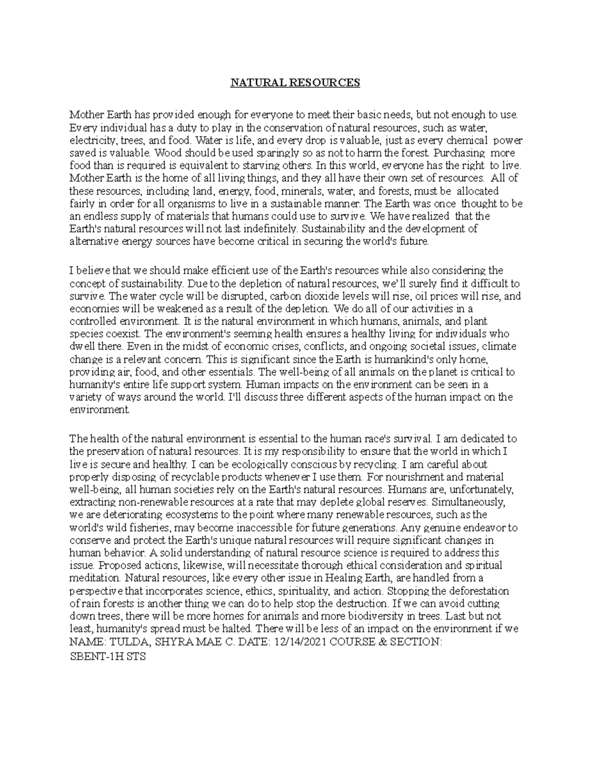 Science, Technology AND Society - Reflective Essay - NATURAL RESOURCES ...