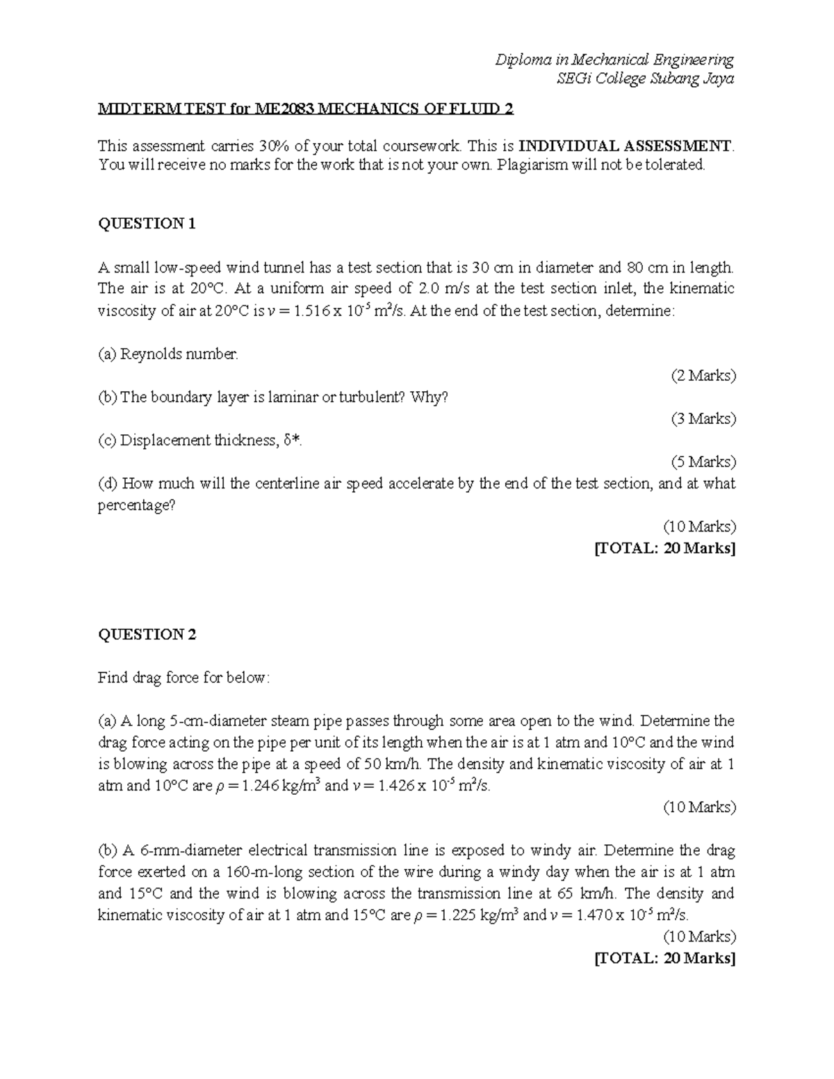 ME2083 Midterm - assignment - Diploma in Mechanical Engineering SEGi ...
