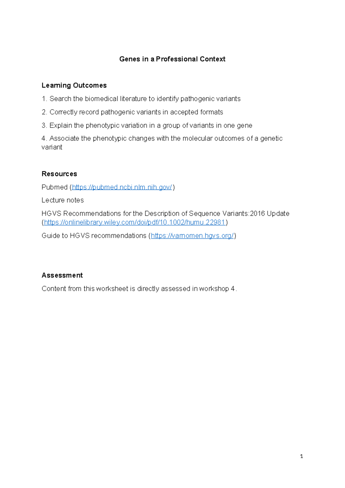Workshop Week 12 Genes in a professional context - Genes in a ...