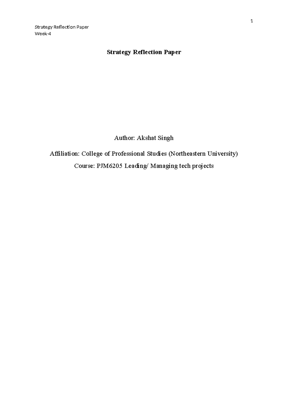 Strategy Reflection Paper - Strategy Reflection Paper Week- Strategy ...