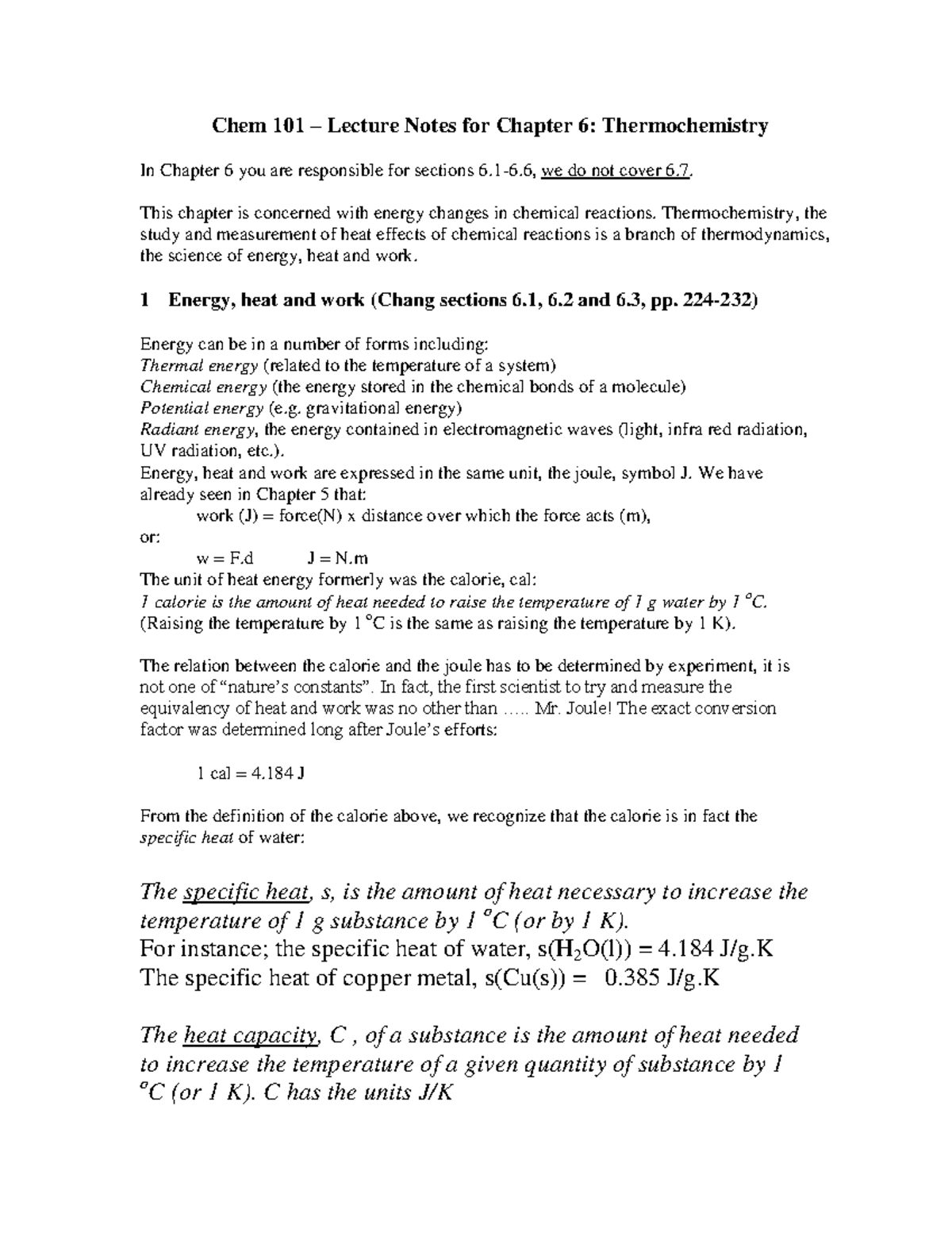 Chapter 6 Lecture Notes Chem 101 Lecture Notes For Chapter 6 Thermochemistry In Chapter 6