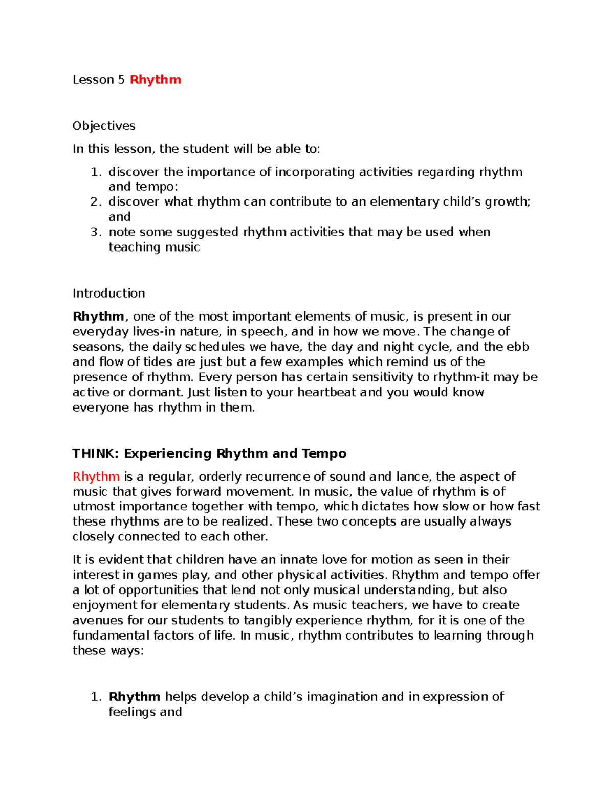 Lesson 5 Rhythm - Lesson 5 Rhythm Objectives In this lesson, the ...
