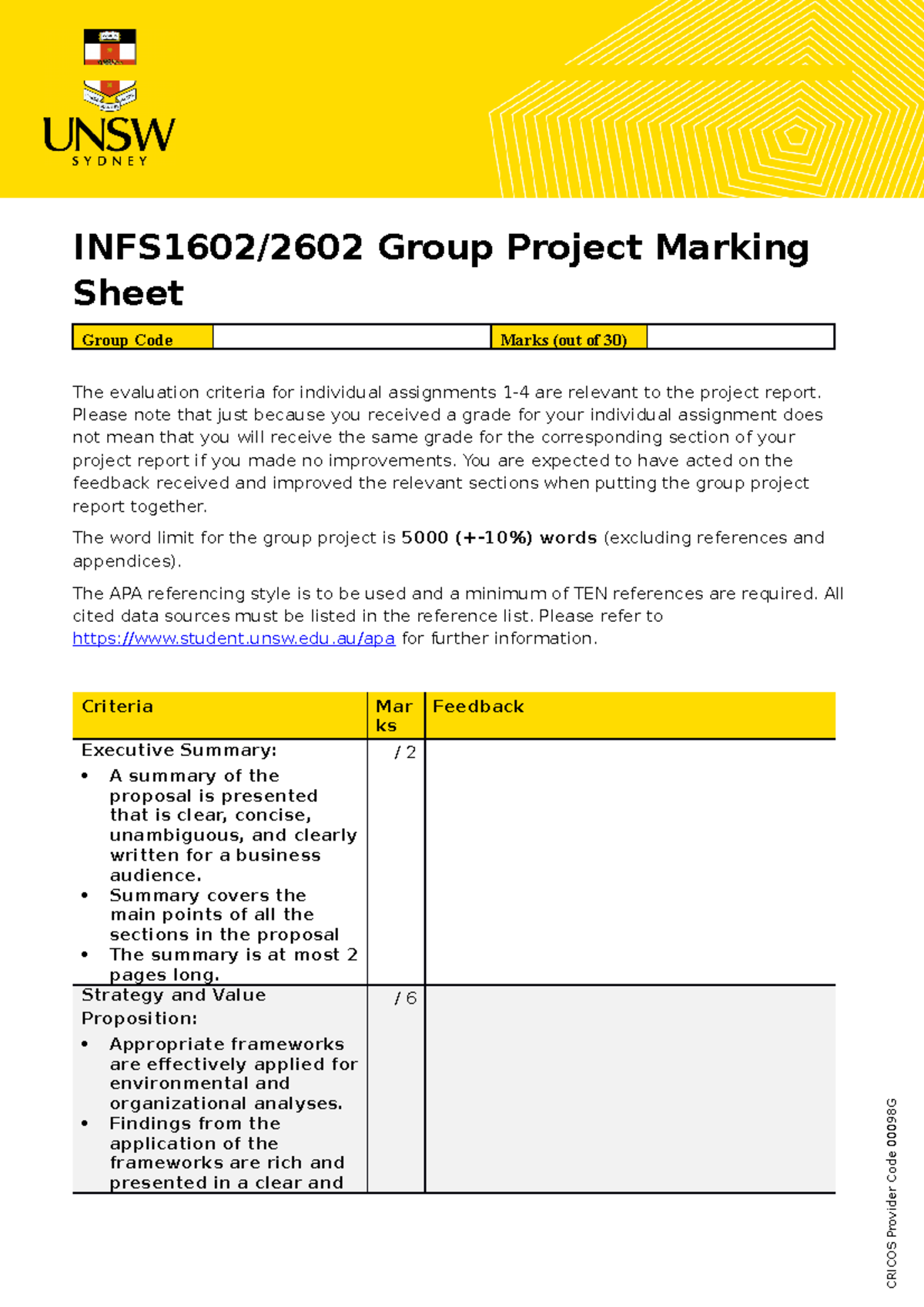 INFS1602-2602 Group Project Marking Sheet v2 - INFS1602/2602 Group ...
