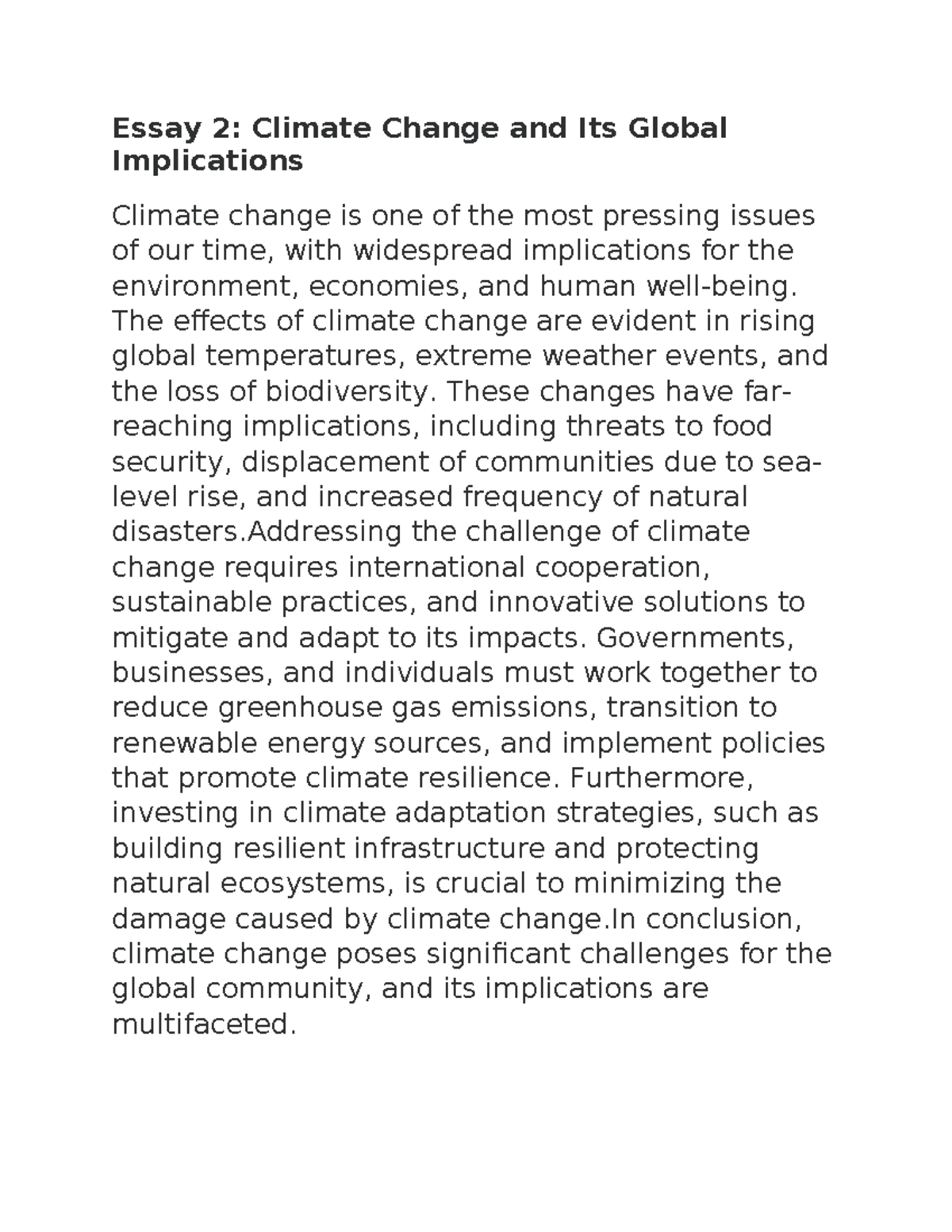 Climate Change and Its Global Implications - Essay 2: Climate Change ...