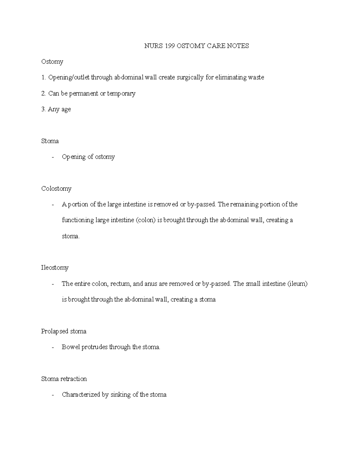 NURS 199 Ostomy CARE Notes - NURS 199 OSTOMY CARE NOTES Ostomy Opening ...
