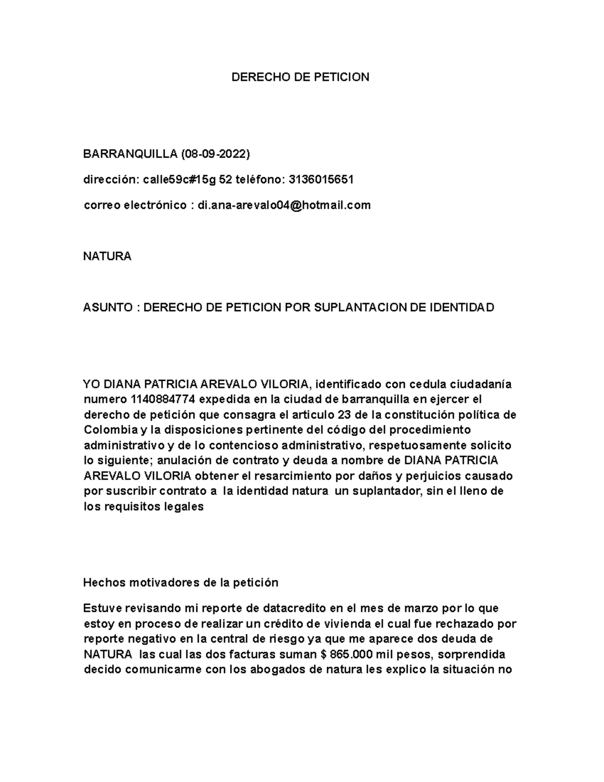 Derecho DE Peticion - DERECHO DE PETICION BARRANQUILLA (08-09-2022 ...