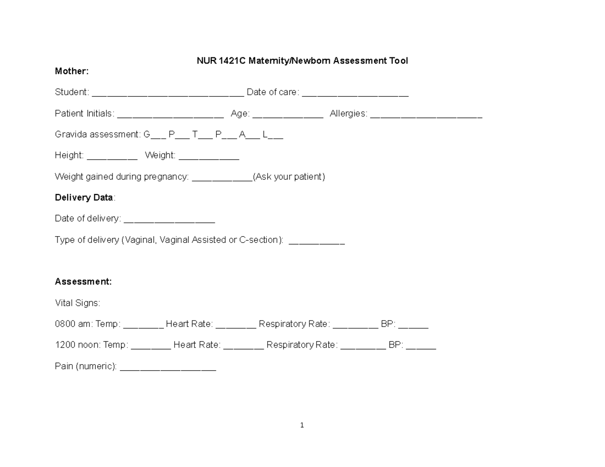 Care Plan Maternity-Newborn -revised 2020 CC - NUR 1421C Maternity ...
