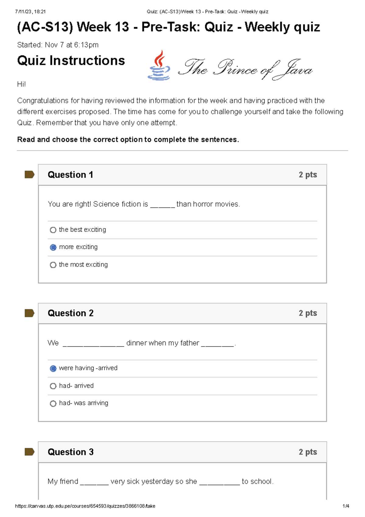 (AC-S13) Week 13 - Pre-Task: Quiz - Weekly quiz - utp.edu/courses ...
