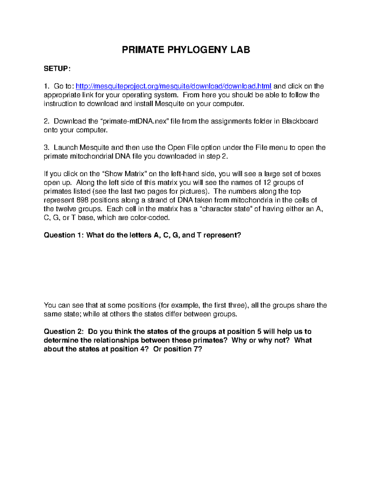 Primate mt DNA lab (Mesquite)LTH - PRIMATE PHYLOGENY LAB SETUP: Go to ...