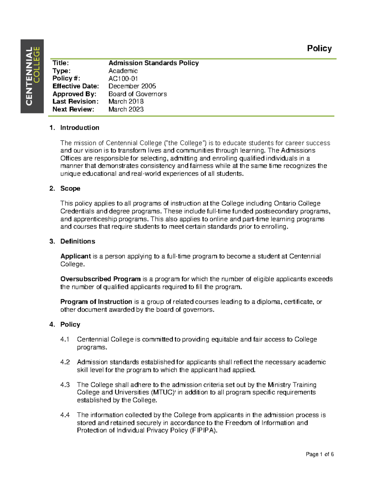 Admission Standards Policy - Policy Title: Admission Standards Policy ...