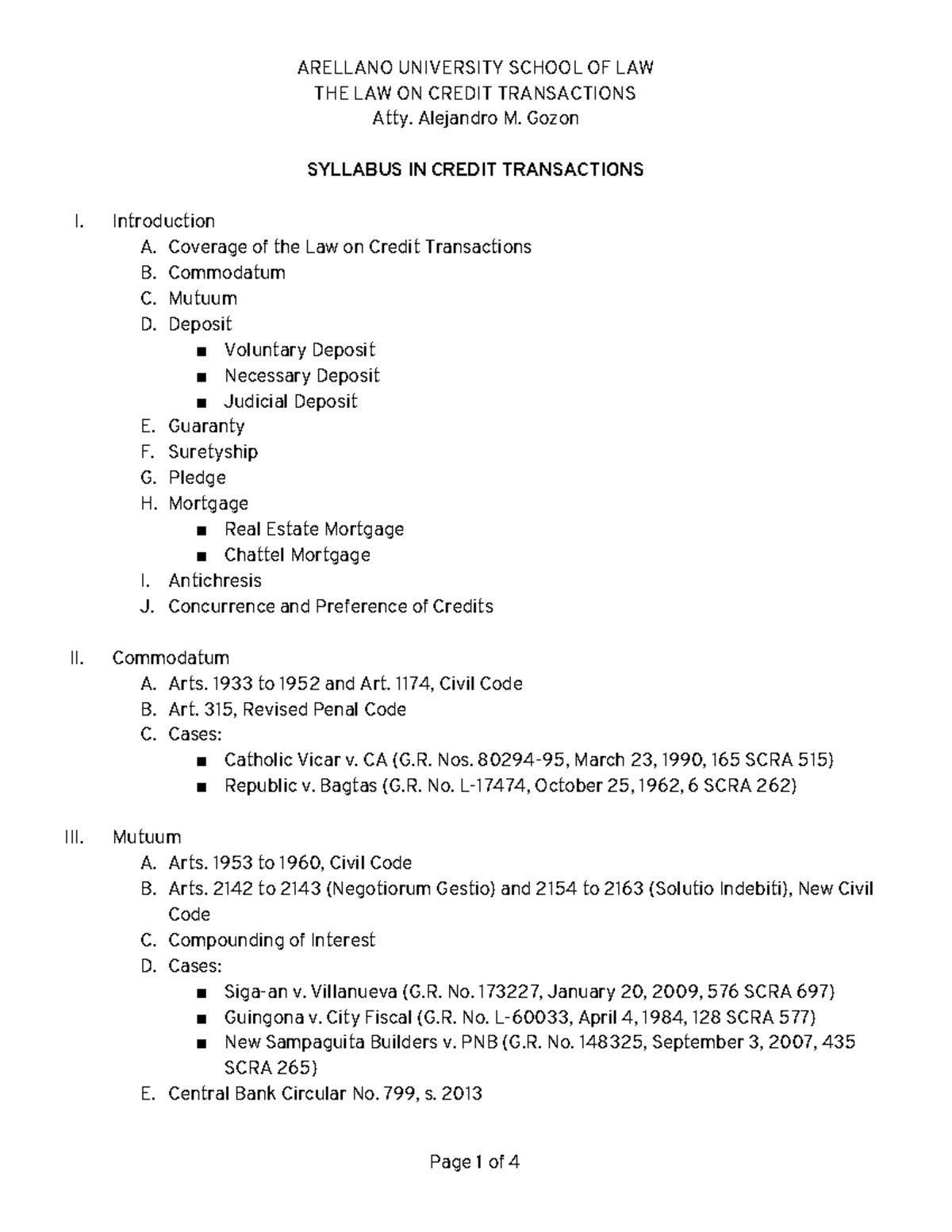 Syllabus in Credit Transactions - THE LAW ON CREDIT TRANSACTIONS Atty ...