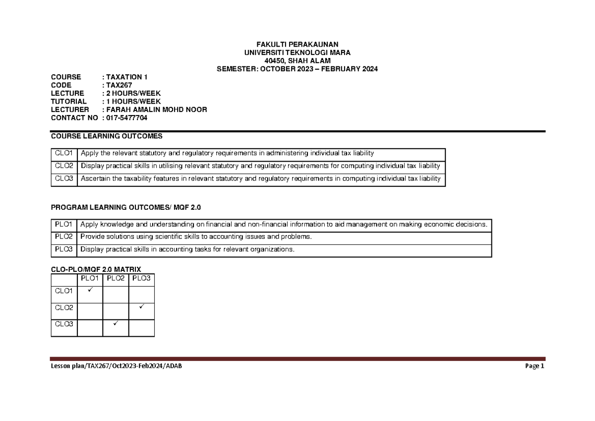 Lesson PLAN - FAKULTI PERAKAUNAN UNIVERSITI TEKNOLOGI MARA 40450, SHAH ...