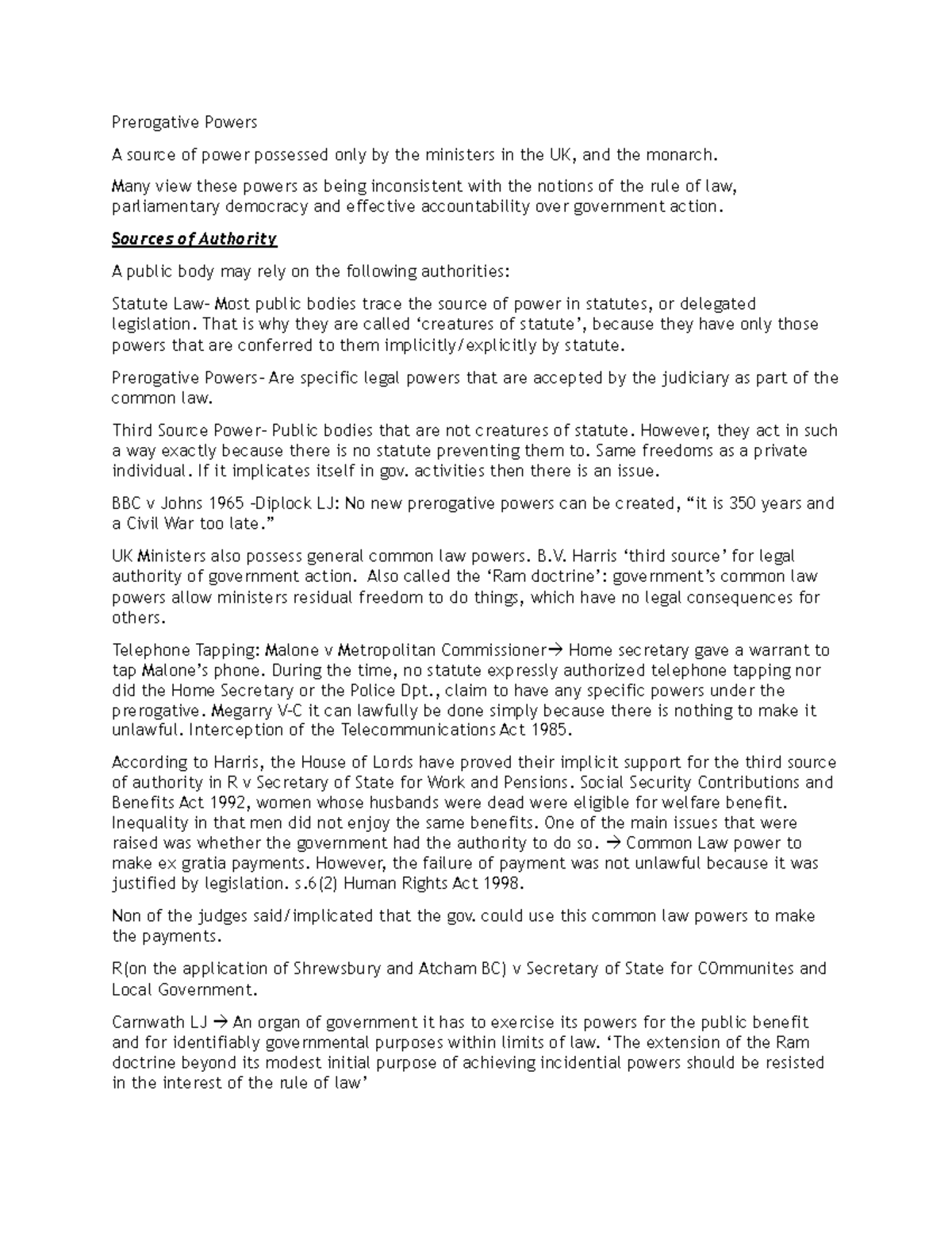 Prerogative Powers Notes - Prerogative Powers A source of power ...