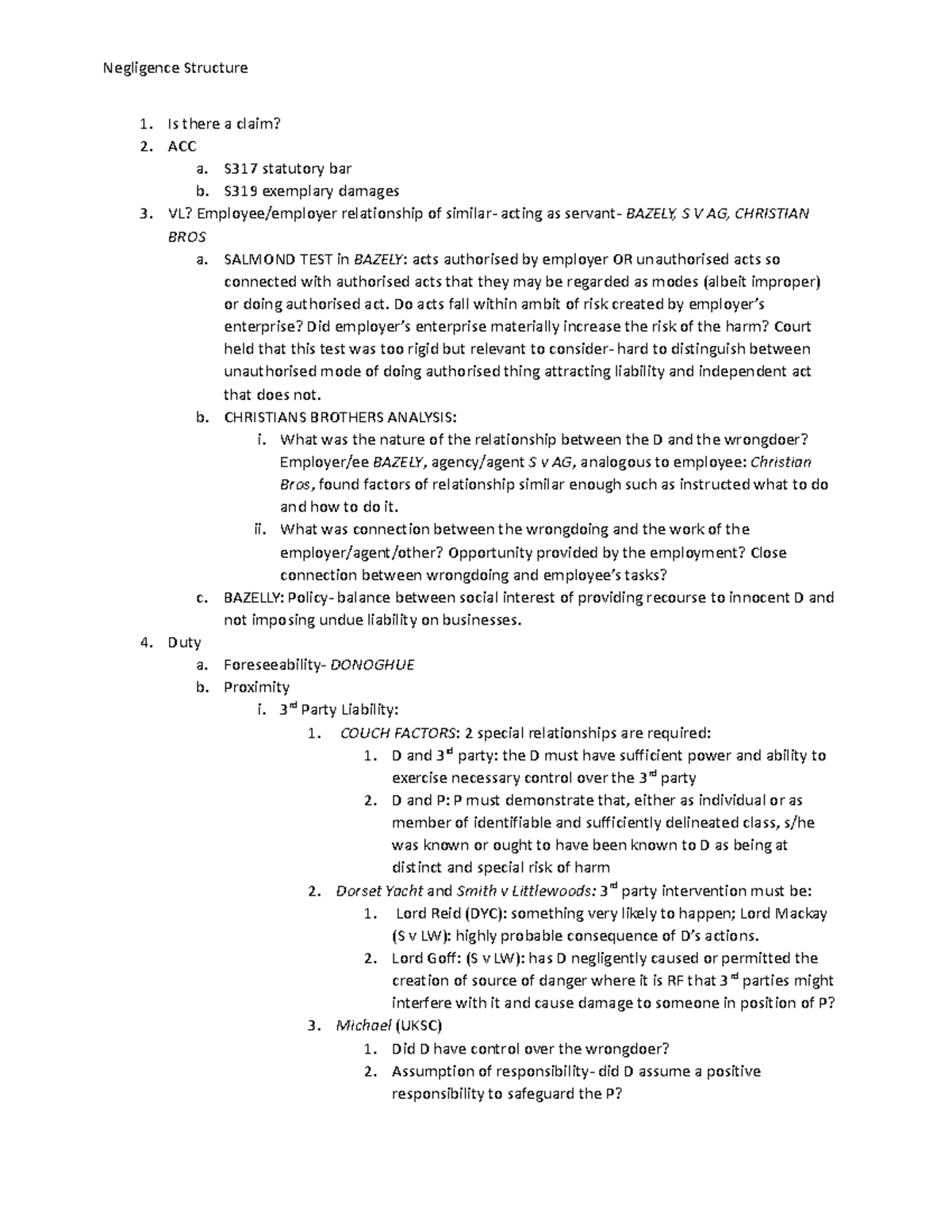 Negligence structure - Is there a claim? ACC a. S317 statutory bar b ...