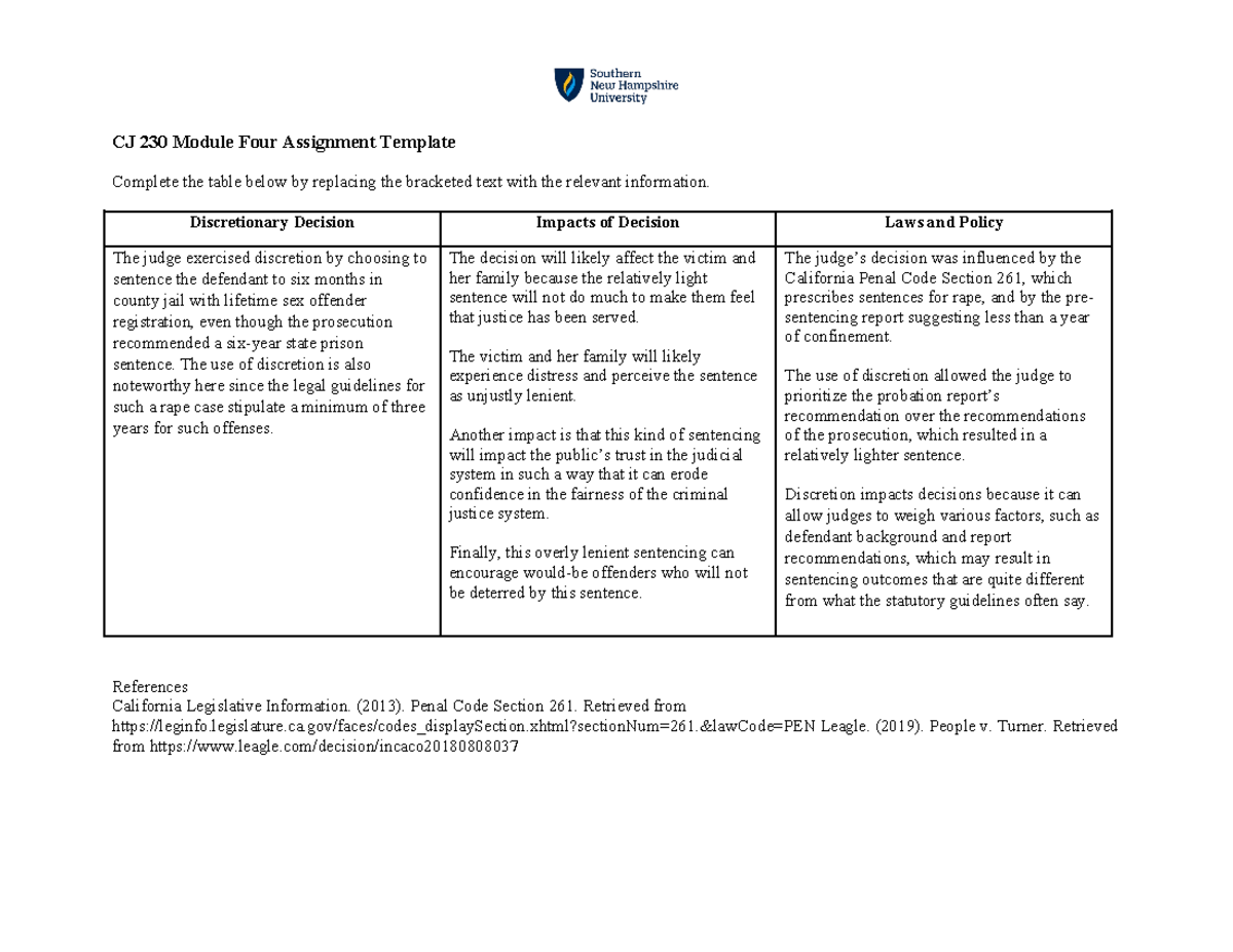 Module 4 Assignment Template - CJ 230 Module Four Assignment Template Complete the table below ...