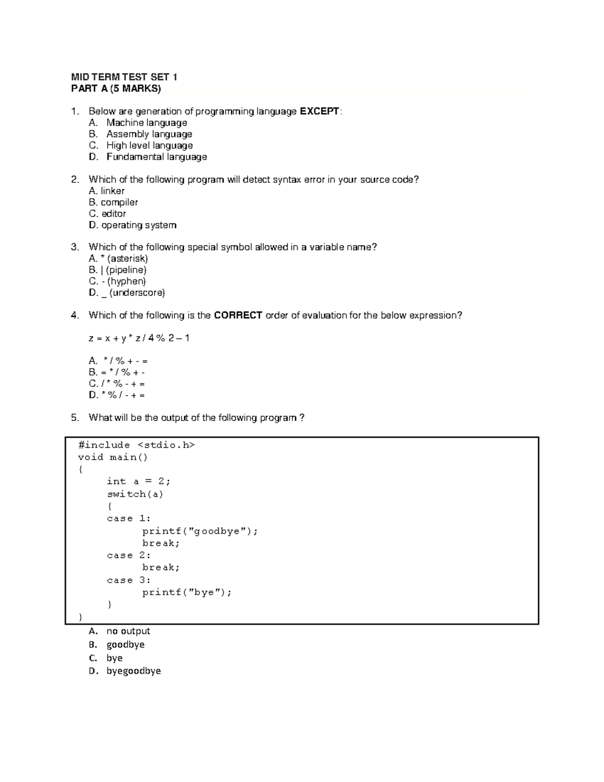 MID TERM TEST SET1-2020 - MID TERM TEST SET 1 PART A (5 MARKS) 1. Below ...