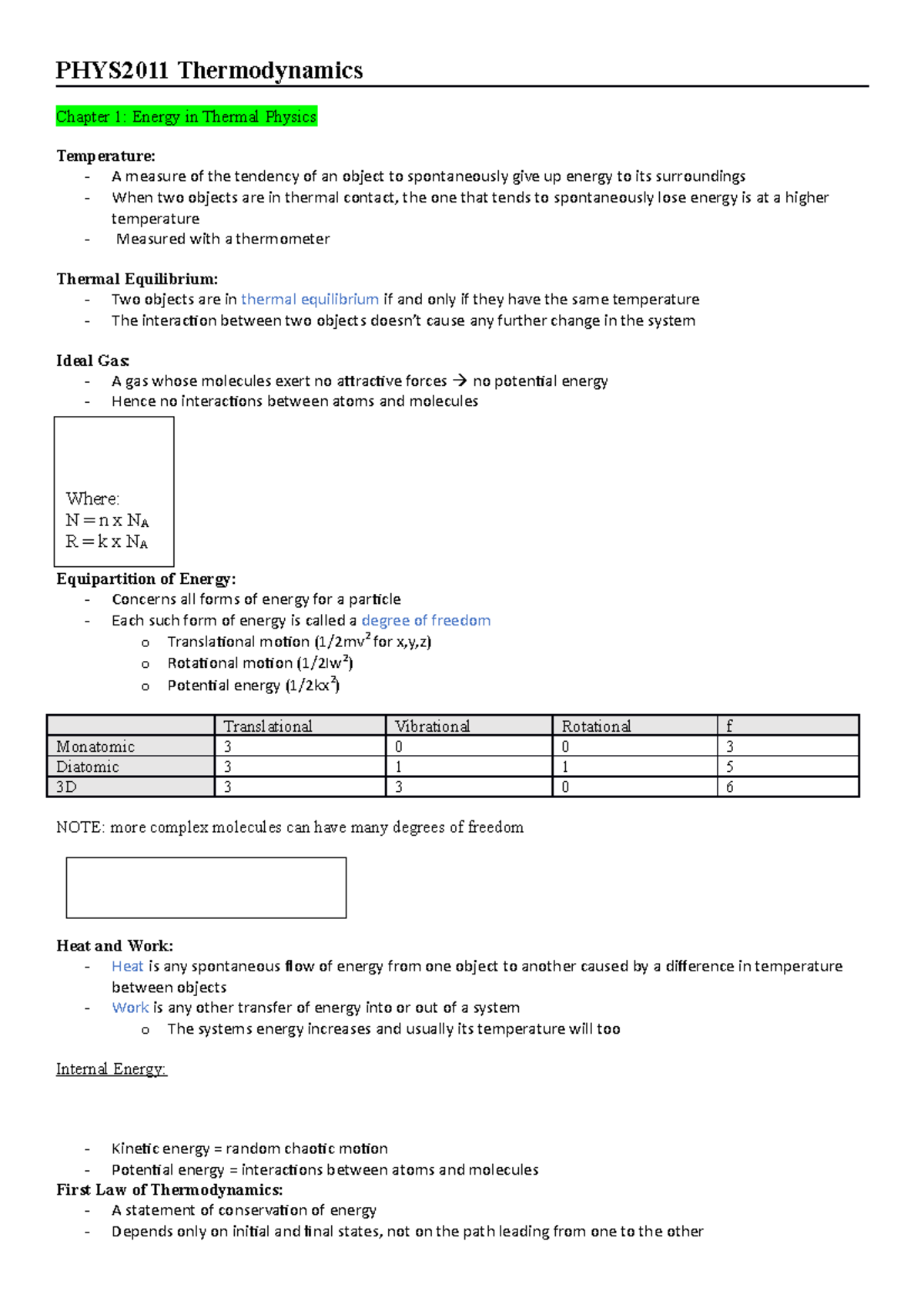 PHYS2011 Thermodynamics - PHYS2011 Thermodynamics Chapter 1: Energy in ...