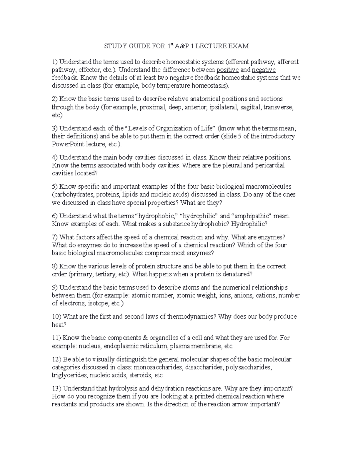 UNIT 1 EXAM Study Guide - STUDY GUIDE FOR 1st A&P 1 LECTURE EXAM Understand the terms used to ...