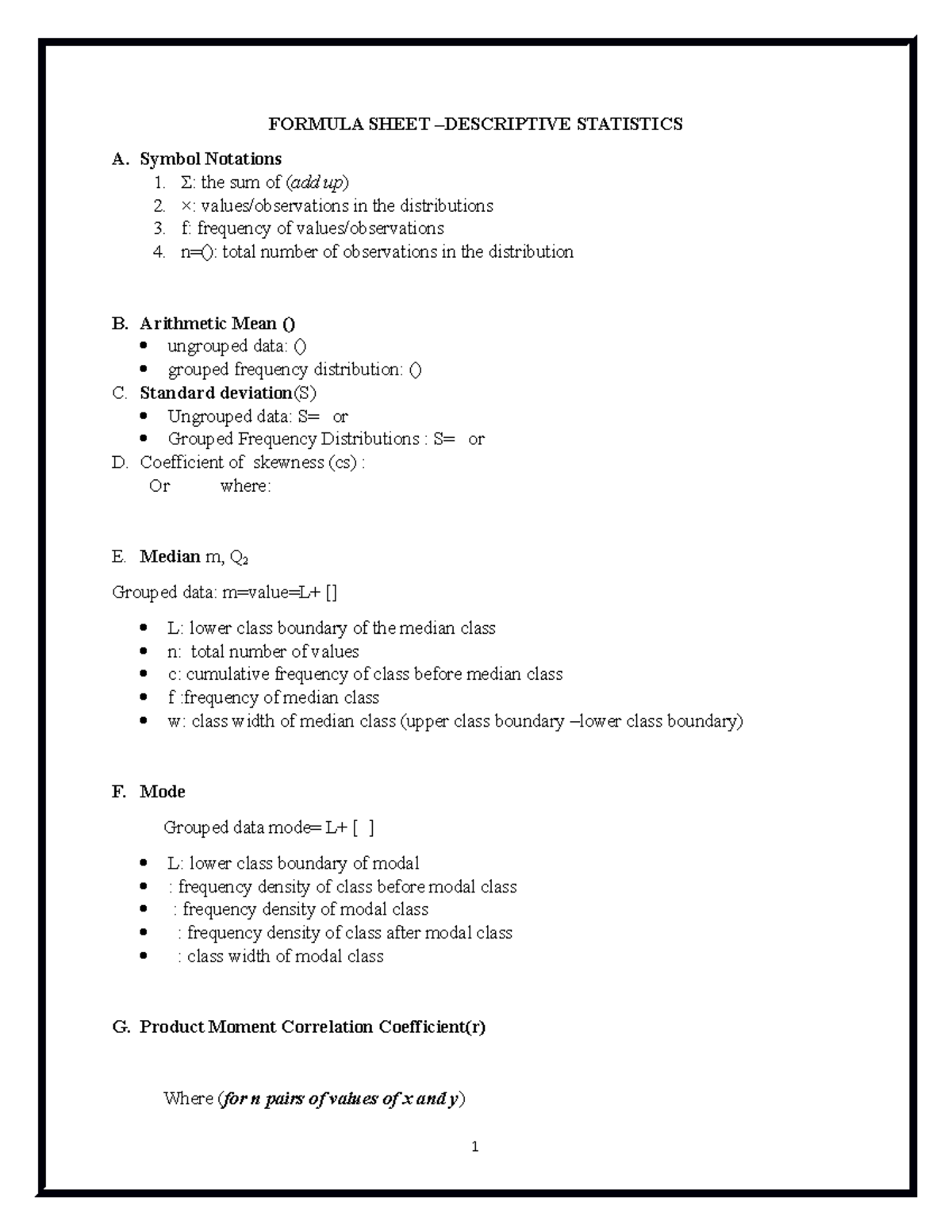 Fomula Sheet 1 - Formula - FORMULA SHEET –DESCRIPTIVE STATISTICS A ...