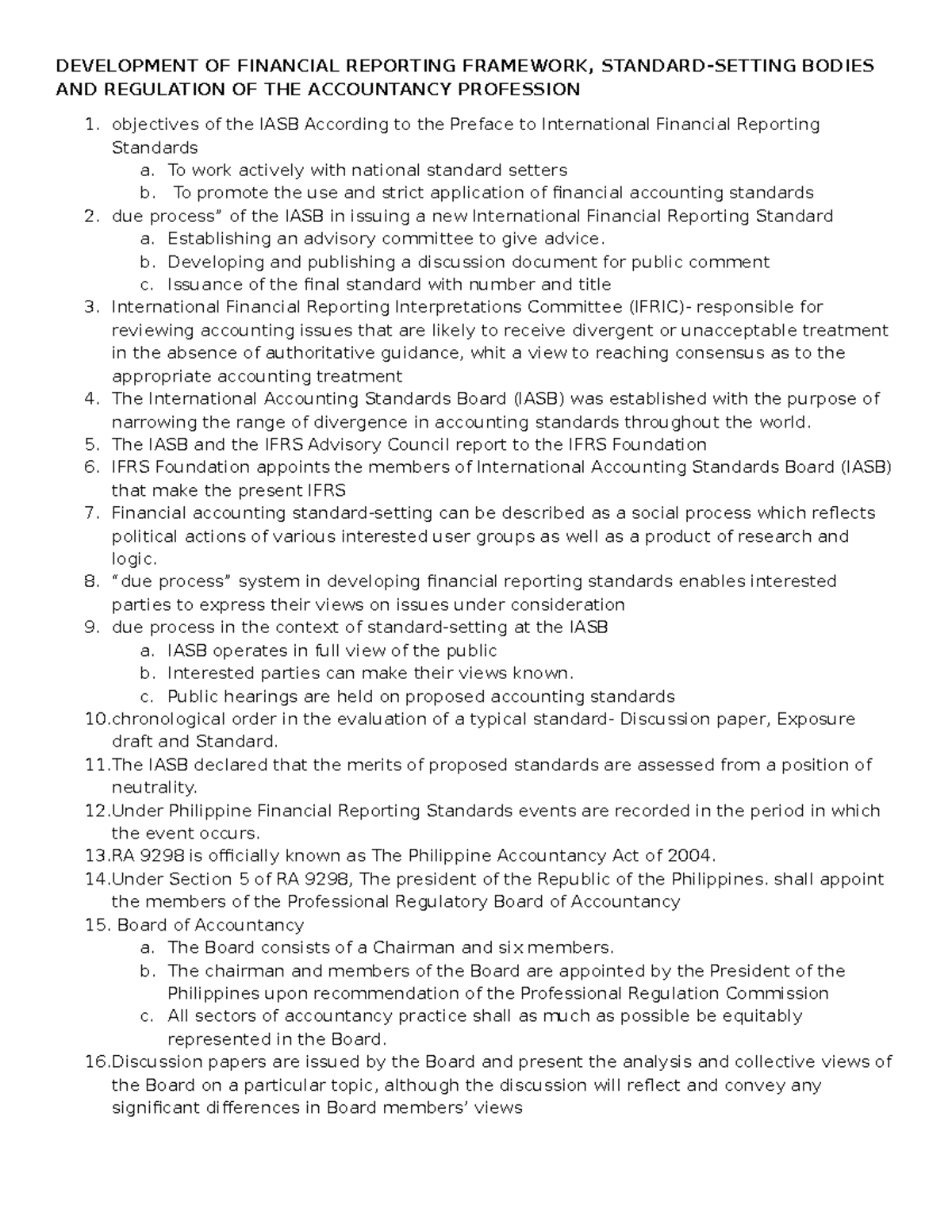 Quizzes reviewer - DEVELOPMENT OF FINANCIAL REPORTING FRAMEWORK, STANDARD-SETTING BODIES AND ...