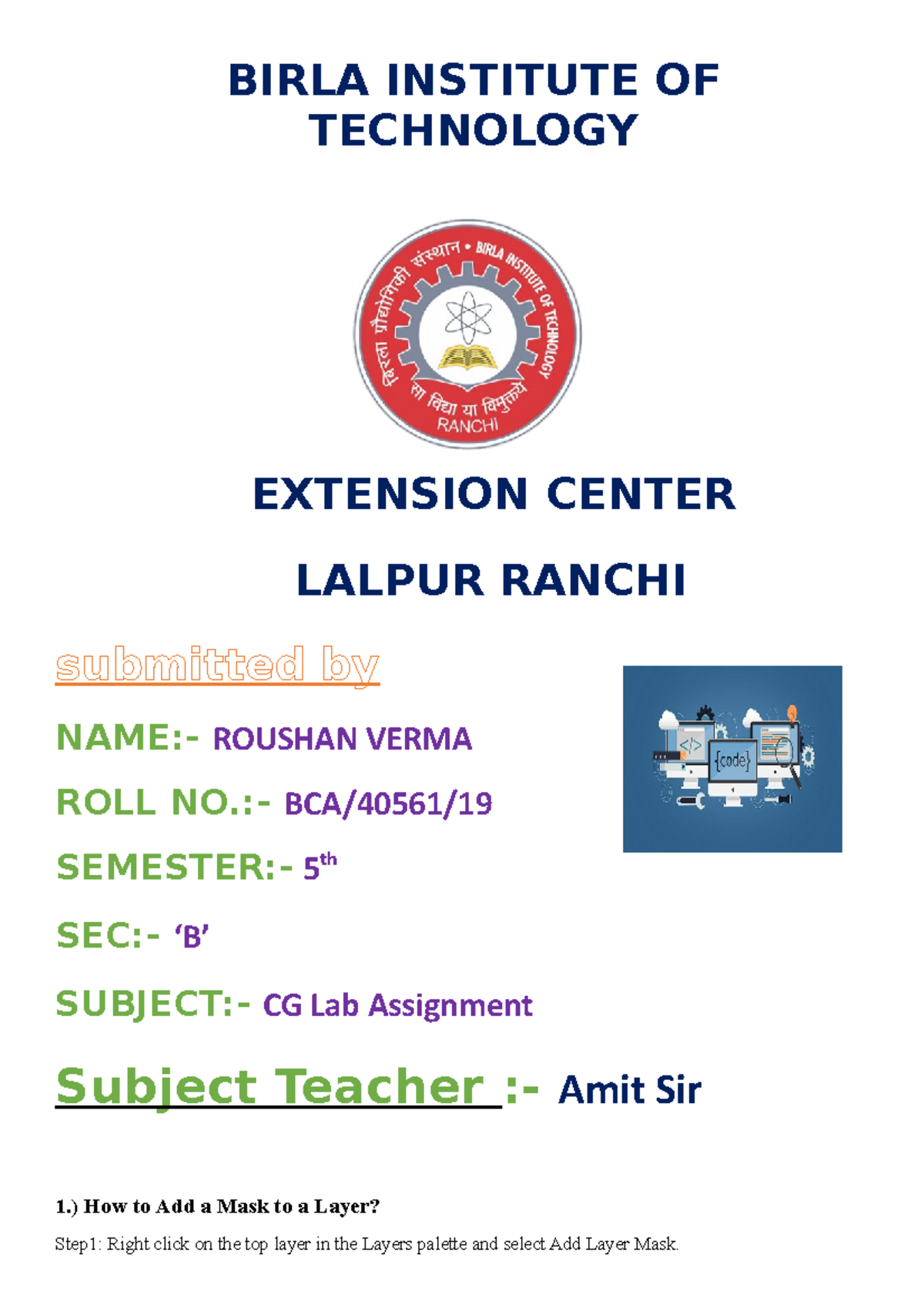 GD lab assignment work - BIRLA INSTITUTE OF TECHNOLOGY EXTENSION CENTER ...