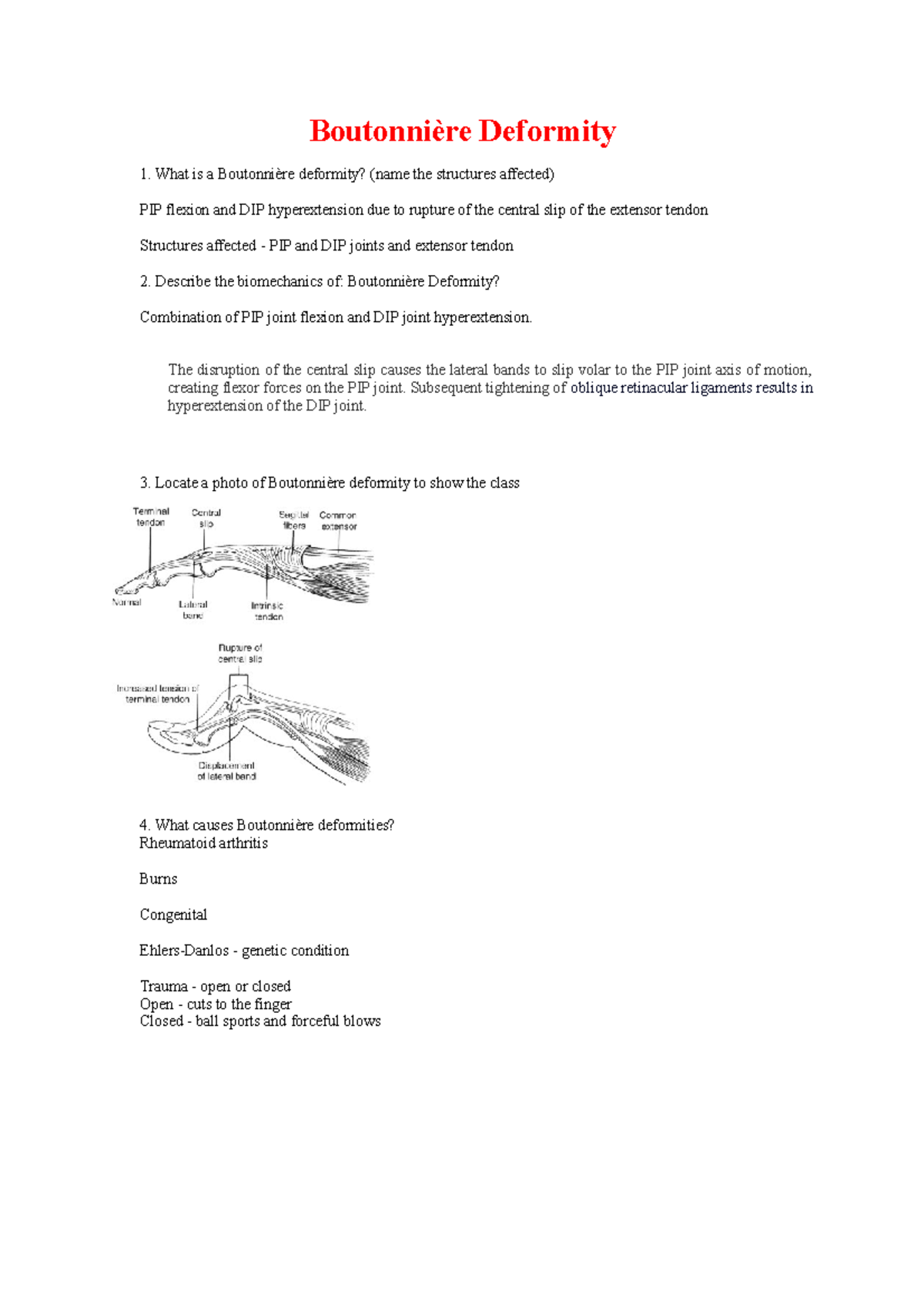 Hand deformities 206 - In class notes - Boutonnière Deformity What is a ...