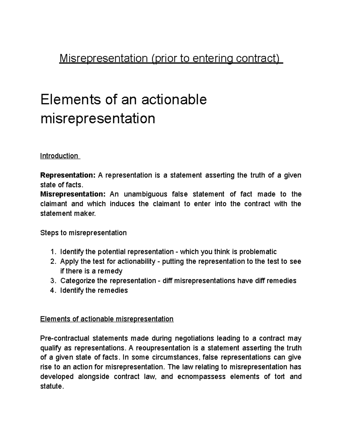 Misrepresentation - Misrepresentation: An unambiguous false statement ...