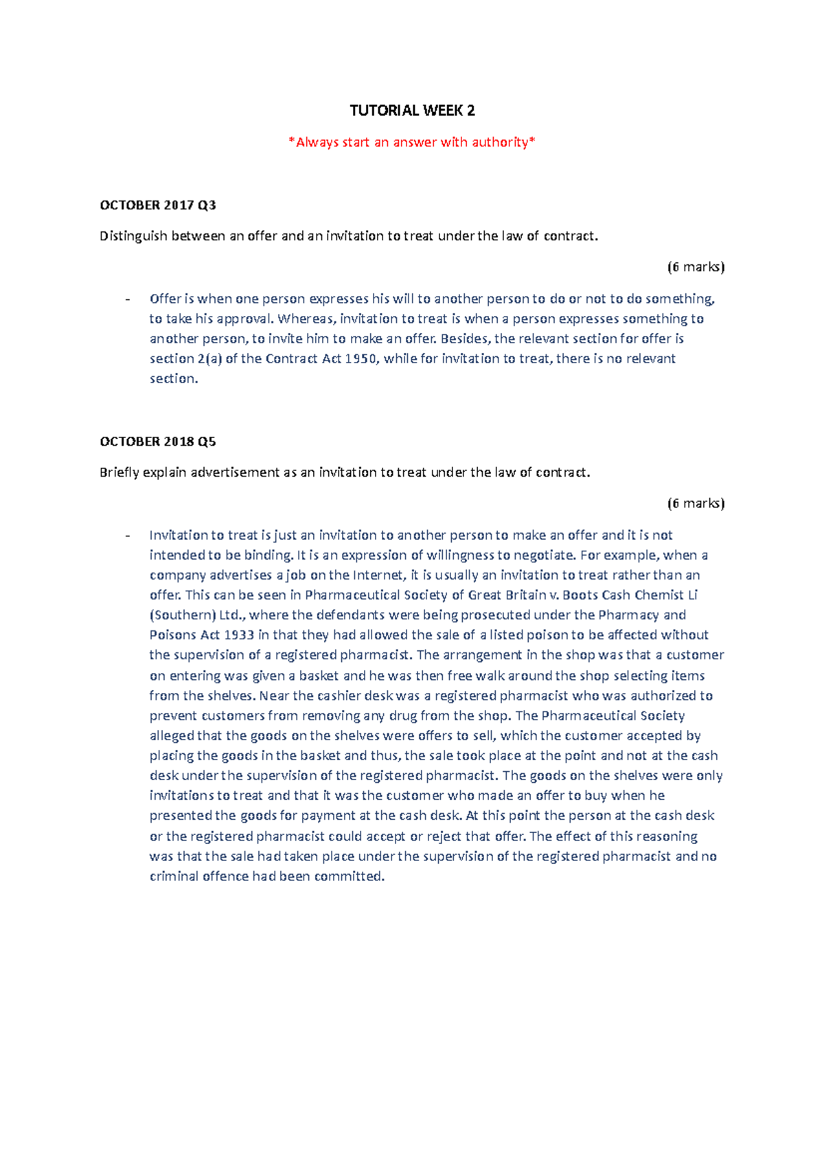 Tutorial WEEK 2 - TUTORIAL WEEK 2 Always start an answer with authority OCTOBER 2017 Q ...