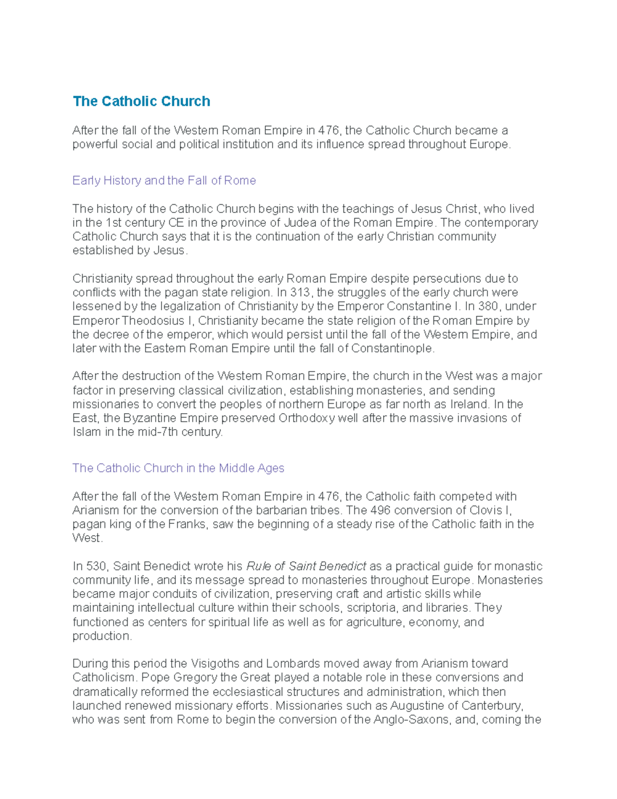 The Catholic Church - Religion - The Catholic Church After the fall of ...