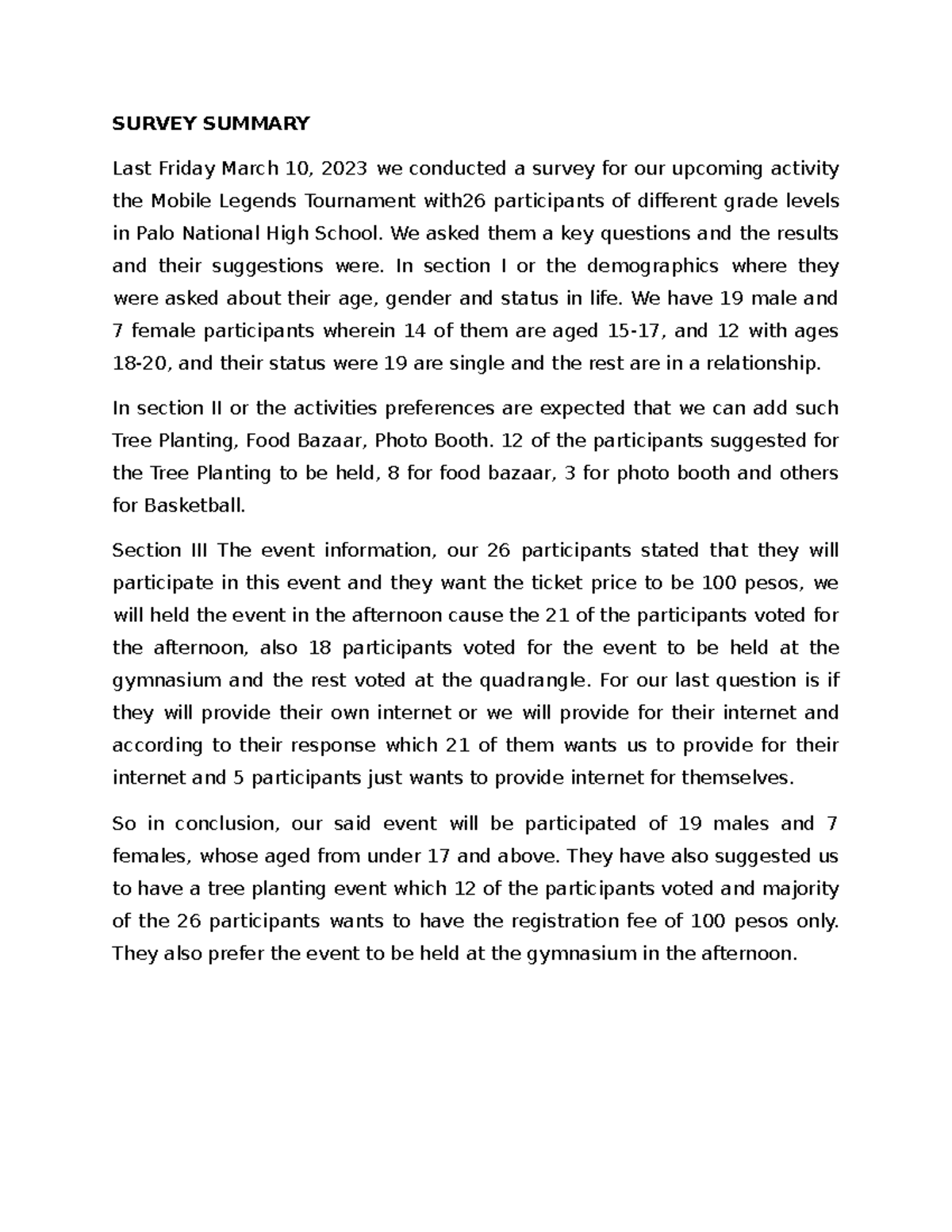 Survey- Summary- Lawrence - SURVEY SUMMARY Last Friday March 10, 2023 ...